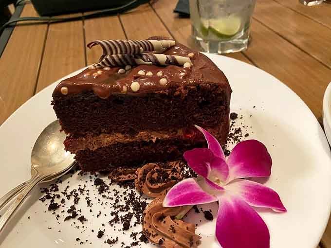 Chocolate cake this decadent comes with its own orchid garnish because elegance matters, even when you're about to devour dessert.