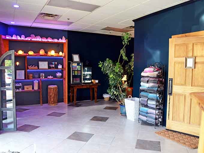 Interior retail space filled with crystals, blankets, and wellness products, making it easy to extend your healing journey.