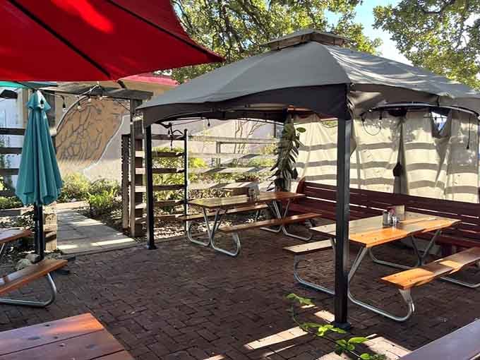 Outdoor seating under canopies where you can enjoy your pancakes with a side of Austin's beautiful weather year-round.