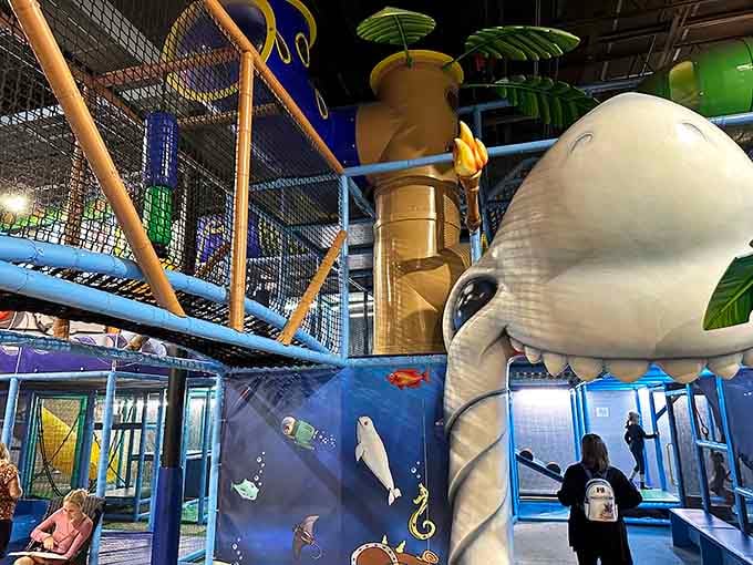 The multi-level playground structure looks like what would happen if a jungle gym and a cruise ship had a very ambitious baby.