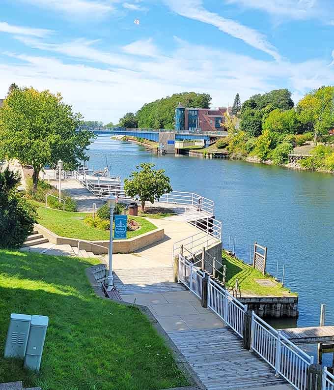 An elevated perspective shows how thoughtfully the whole riverwalk integrates nature, history, and modern design into one seamless experience.