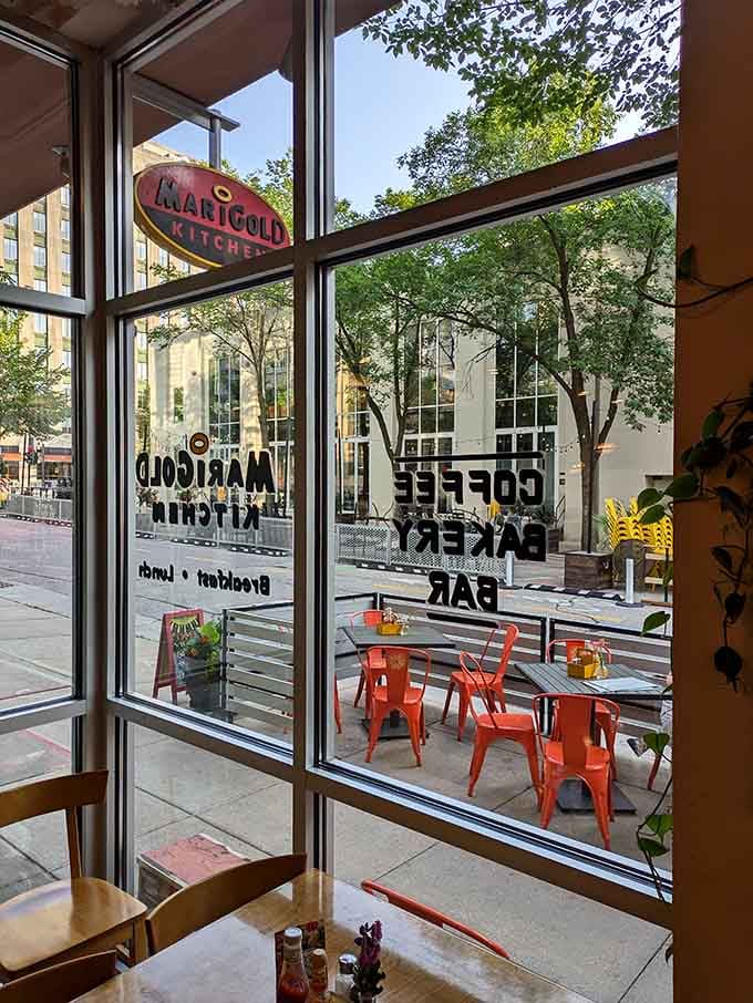 Those bright orange chairs on the sidewalk promise al fresco dining when Wisconsin weather decides to cooperate and show its sunny side.