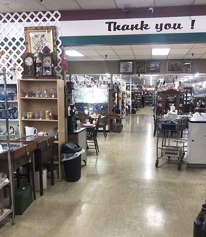 Clean aisles stretching endlessly forward, each turn revealing another booth packed with yesterday's treasures today.