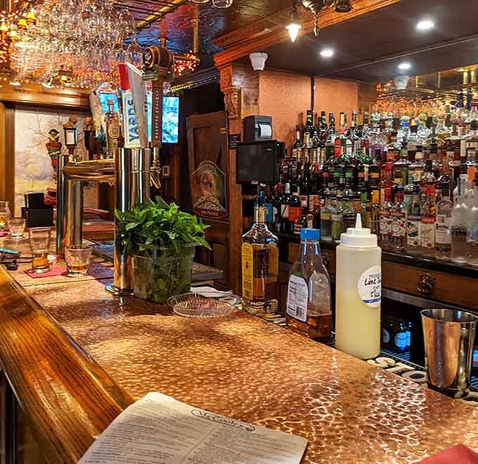 The bar area features craft beer taps and spirits that would absolutely astound our founding fathers.