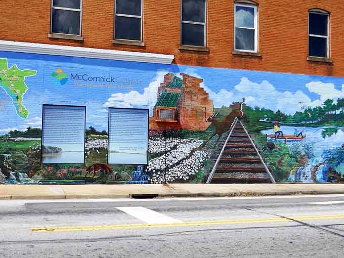 This vibrant mural celebrates McCormick's history with artwork that brings the town's story to colorful, eye-catching life.