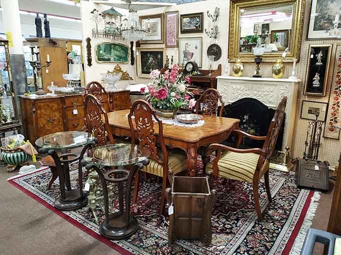 Formal dining sets like this remind us when Sunday dinner meant actual china, not paper plates in front of Netflix.