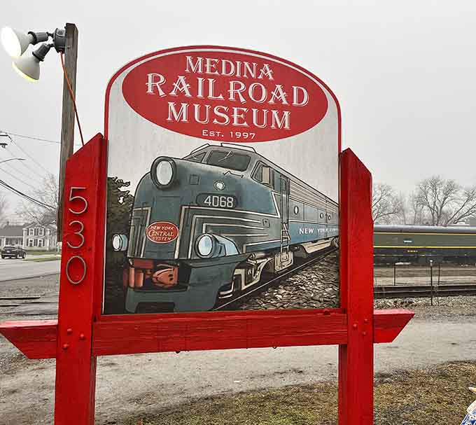 The museum's welcoming sign features a classic New York Central locomotive that'll make your heart skip a beat.