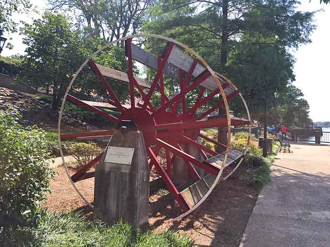 This vintage paddlewheel celebrates the area's industrial past, when water power meant more than your monthly utility bill.