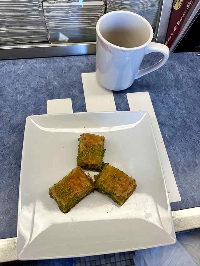 Baklava and coffee prove this diner serves sweet surprises beyond the expected pancakes and hash browns menu.