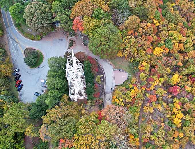 Aerial views reveal how the star nestles among fall colors like a jewel in nature's crown.