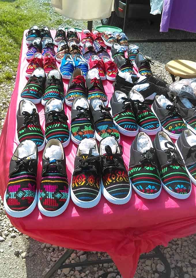 Colorful sneakers arranged in neat rows offer comfortable footwear options that won't require taking out a small loan to purchase.