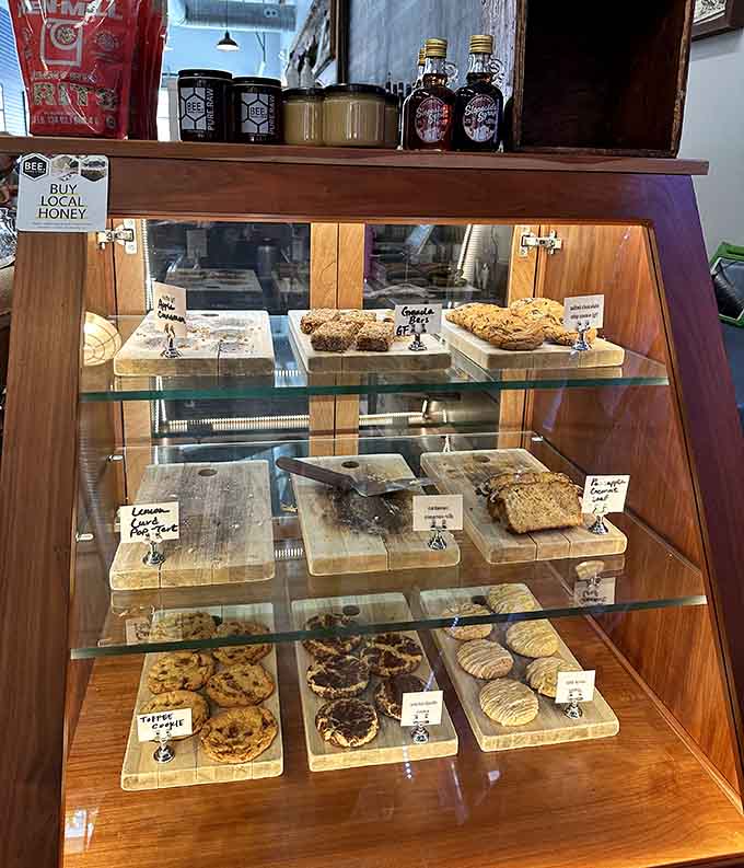 Fresh baked goods displayed behind glass, tempting you to add just one more thing to your order.