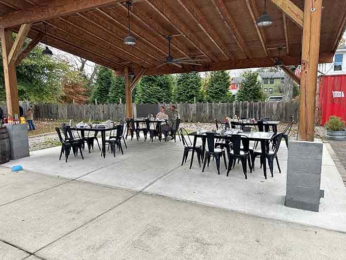 Covered outdoor seating for those perfect mountain mornings when inside just feels like a waste of good weather entirely.