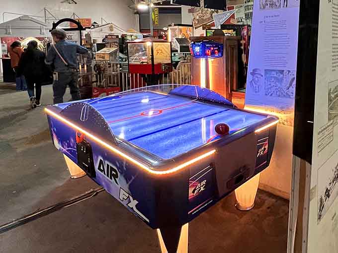 Even modern air hockey finds a home here, bridging generations of arcade entertainment under one nostalgic roof.