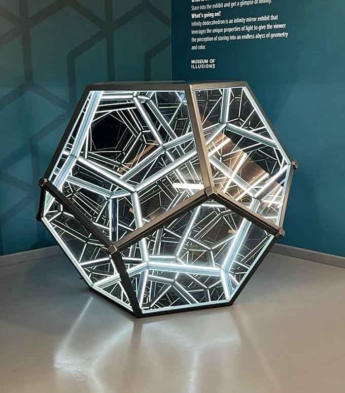 An infinity mirror dodecahedron sounds fancy because it is, and your reflection goes on forever in every direction.