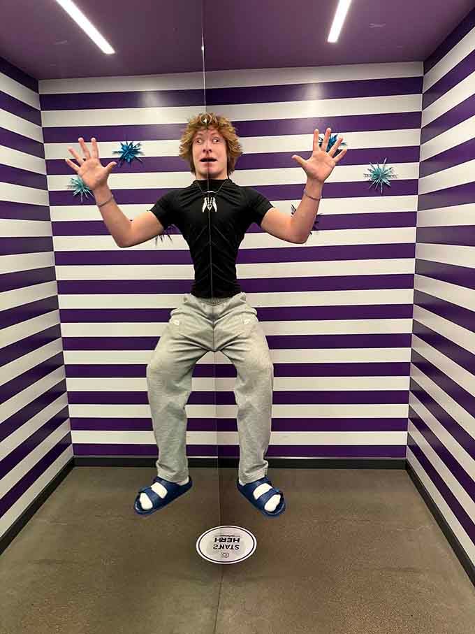 Purple and white stripes make you look stretched, squished, or just generally confused about your actual physical dimensions today.