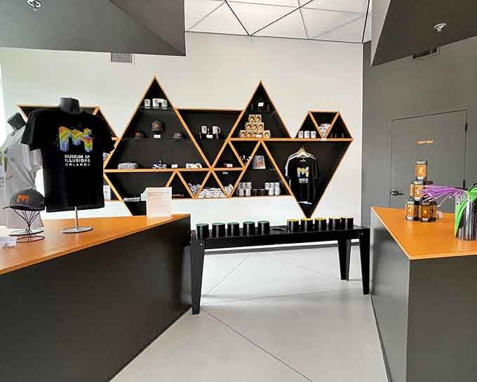 More geometric shelving that looks like it was designed by someone who really, really loves triangles and organization.