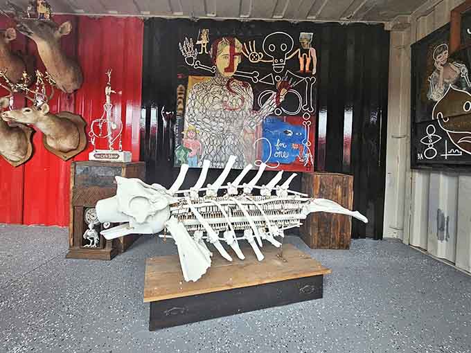 A massive skeletal sculpture dominates the space, looking like something discovered in a paleontologist's fever dream come true.