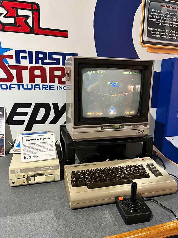 The Commodore 64 sits ready for action, complete with that distinctive beige keyboard that defined 1980s home computing aesthetics.