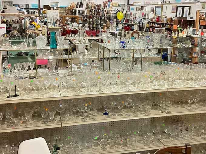 Crystal and glassware sparkle under the lights like a fancy dinner party waiting to happen.