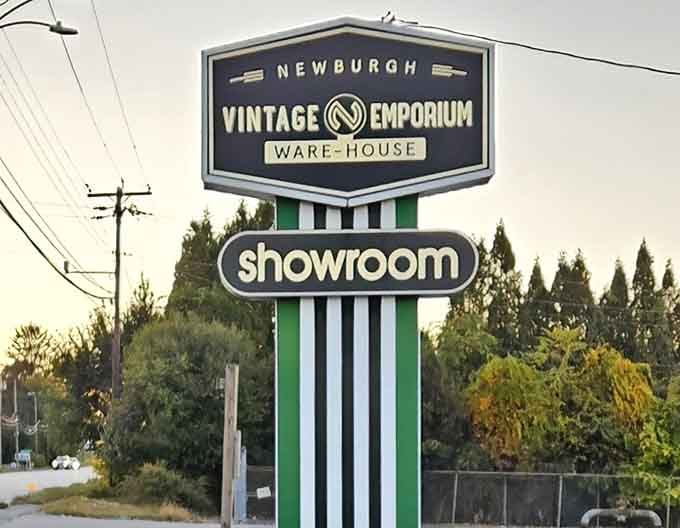 The showroom sign beckons like a beacon for anyone who appreciates the beauty of well-preserved vintage goods.
