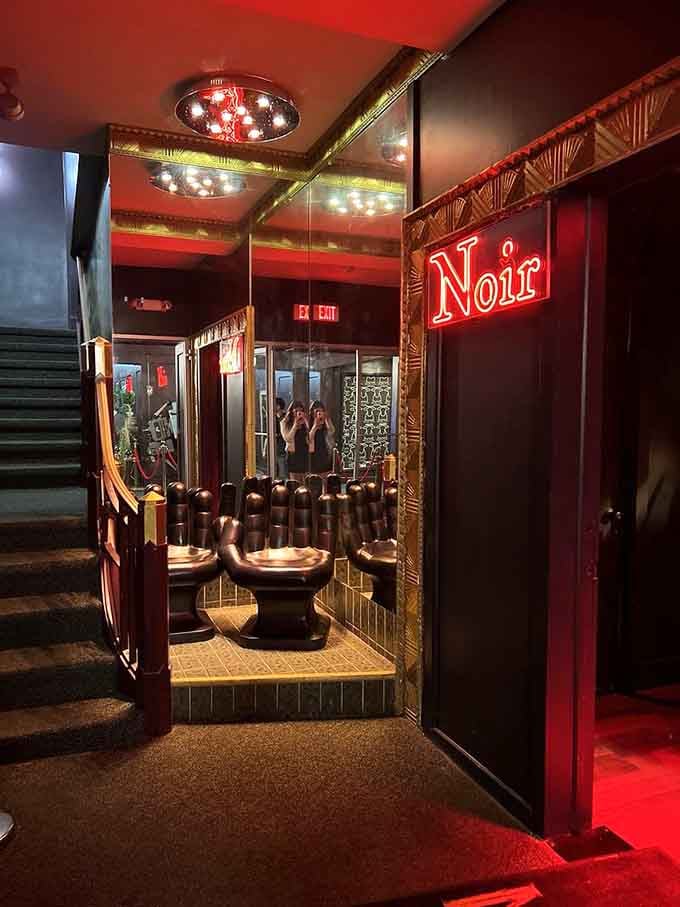 The entrance features ornate mirrors and those famous throne chairs, setting expectations before you even sit down.