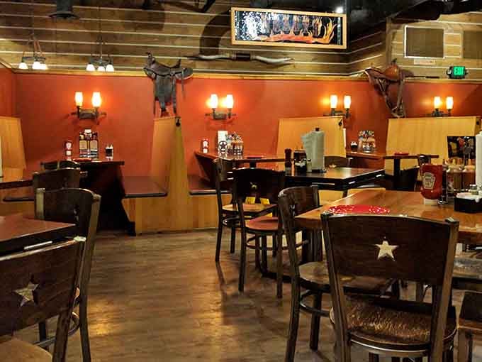 Western-inspired decor with saddle accents reminds you that cowboys knew good eating when they found it.
