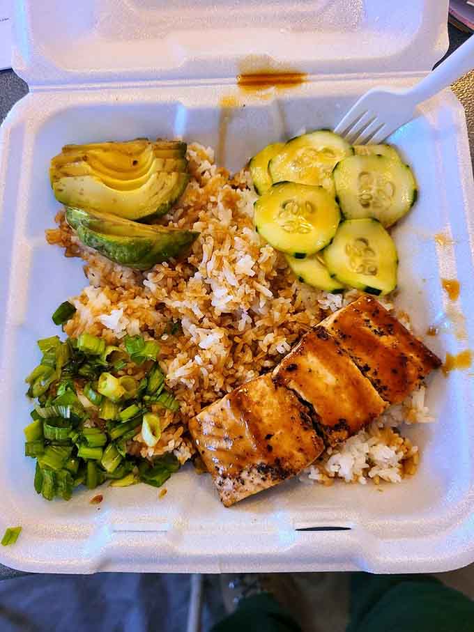 Teriyaki-glazed protein over seasoned rice with fresh avocado and cucumber makes for a surprisingly satisfying bowl.