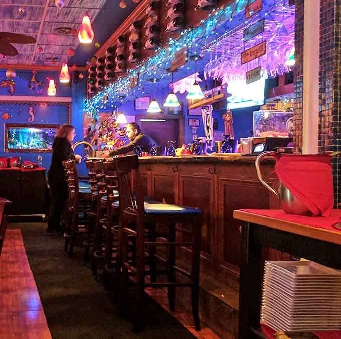 Bar seating with overhead lights that sparkle like stars &ndash; because even solo diners deserve a little magic.