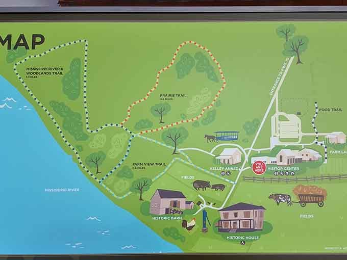 The farm map reveals multiple trails and historic buildings, guaranteeing you'll need those comfortable shoes mentioned earlier.