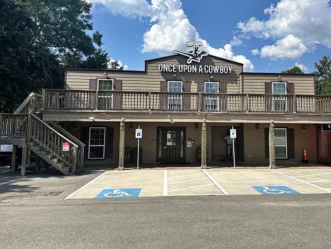 The main entrance welcomes families to Once Upon a Cowboy, where Western dreams and dinosaur adventures collide beautifully.