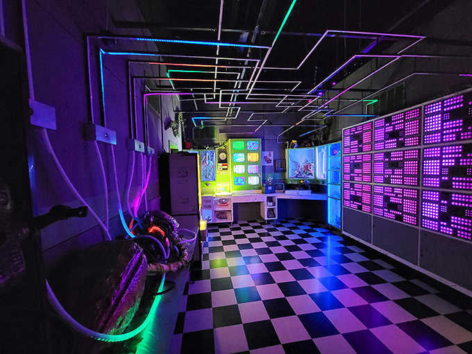 Retro arcade meets futuristic laboratory in this nostalgic space that celebrates playful experimentation beautifully.