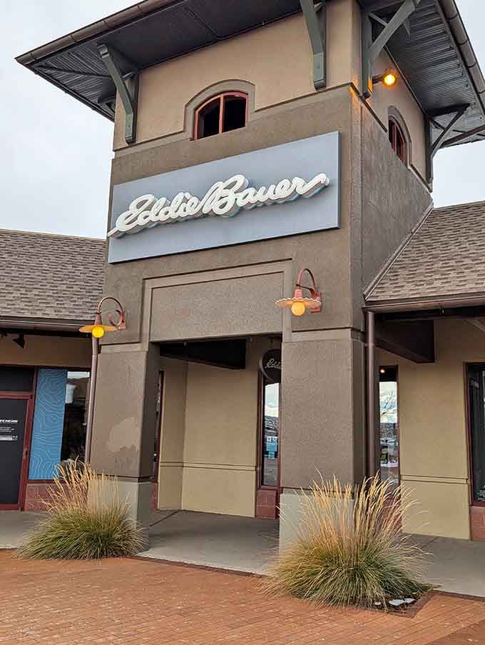 Eddie Bauer's tower stands as a beacon for those seeking quality outdoor gear without the full-price outdoor gear anxiety.