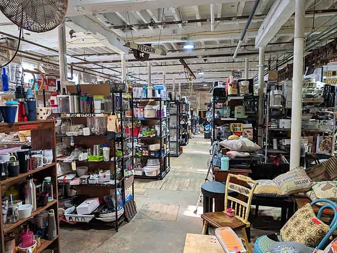 Wide aisles invite leisurely browsing through this impossibly vast collection of household goods and hidden gems.