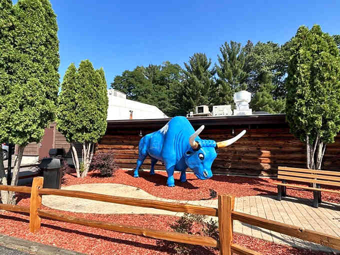 Even the outdoor decor commits fully to the lumberjack theme—no detail left behind here.