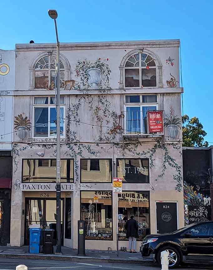 The painted facade whispers "something special lives here" to anyone wandering Valencia Street with curious eyes.