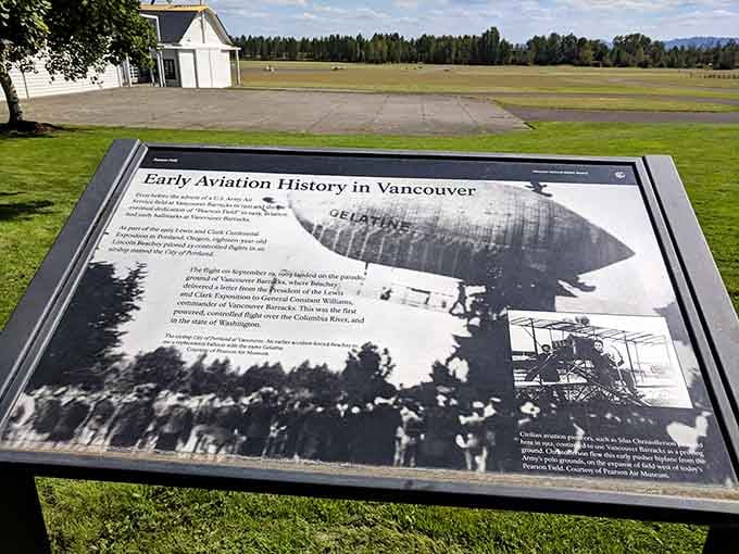 Historical markers across the grounds tell stories of early aviation milestones that happened on this very field.