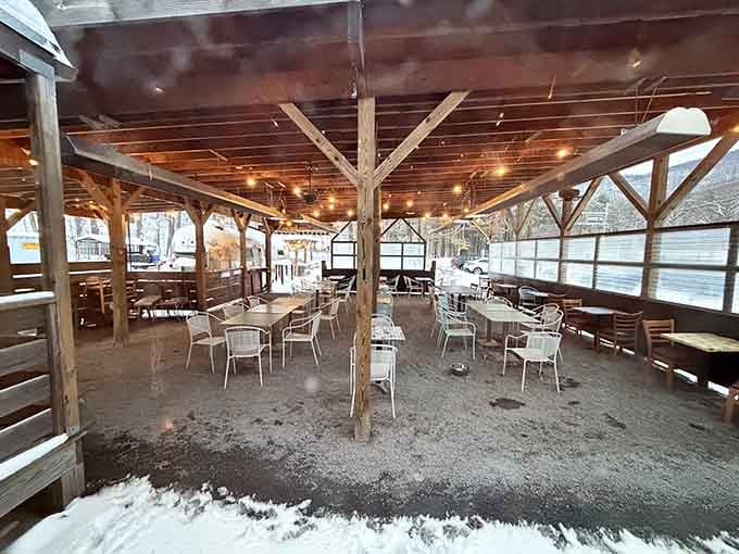 The covered patio extends the dining space outdoors, perfect for those gorgeous Catskills days when inside feels criminal.
