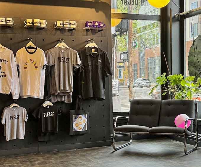 Branded merchandise on display because sometimes you need a t-shirt to commemorate your relationship with exceptional cookies.