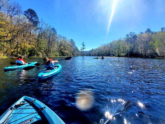 Kayaking under rainbows on Old Levi's Mill Pond, because sometimes nature shows off just for you.