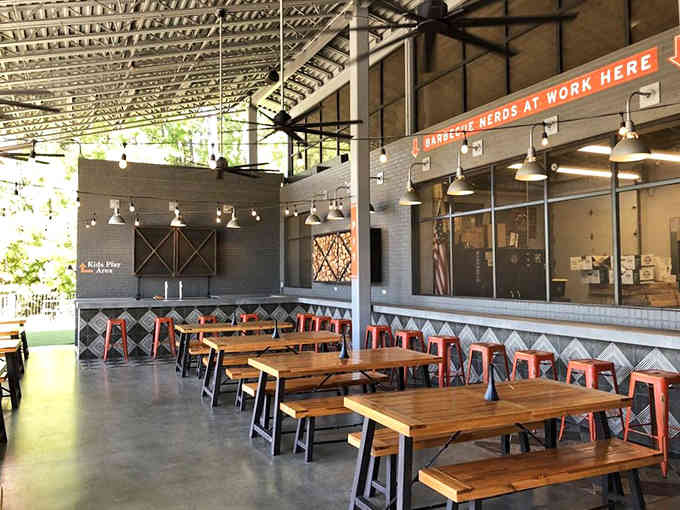The covered patio offers prime people-watching and even better brisket-eating under the North Carolina sky today.