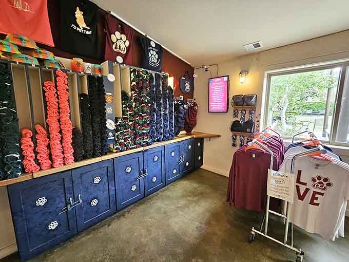 The merchandise wall offers leashes, toys, and apparel for dogs who want to rep their favorite hangout.