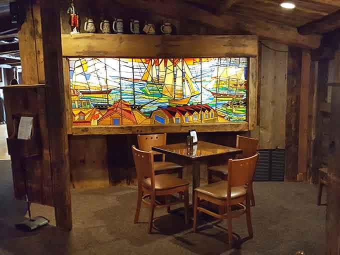 That stained glass sailboat scene adds artistic flair without crossing into kitschy tourist trap territory at all.