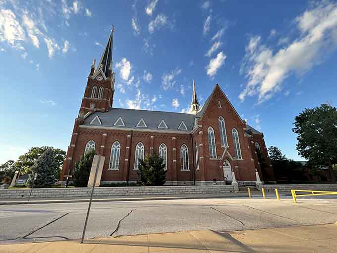 St. Francis Solanus Catholic Church's spires reach skyward with the kind of craftsmanship that required actual artisans, not algorithms.