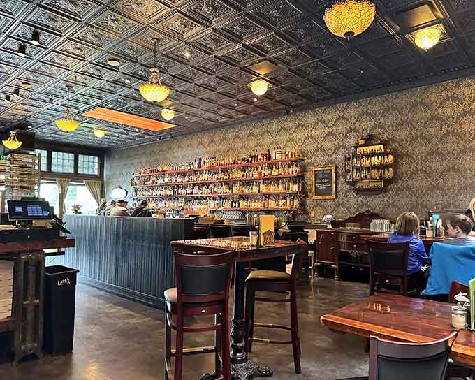 The dining room blends vintage charm with comfortable seating, inviting you to stay awhile and enjoy yourself.