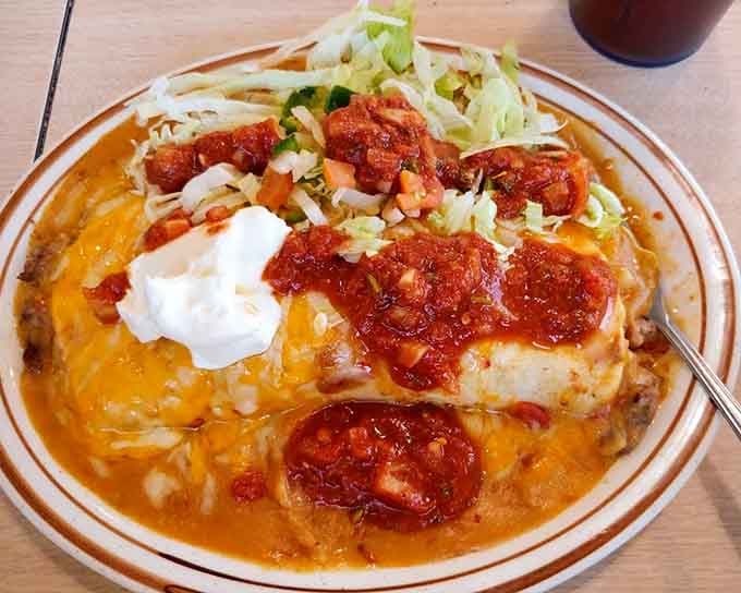 That smothered burrito swimming in chile and cheese could feed a small family or one very hungry person.