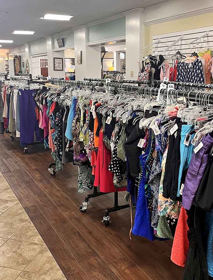 Women's clothing in every style and shade, proving variety really is the spice of thrift shopping life.