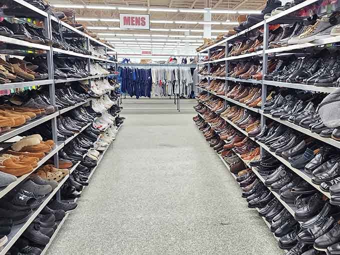 The shoe aisle stretches endlessly, a footwear lover's dream where every step forward reveals new possibilities.