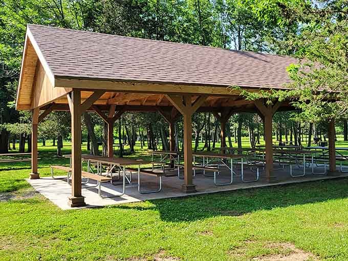 Covered picnic pavilions mean your lakeside lunch happens rain or shine, no excuses needed here.