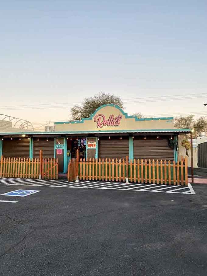 The cheerful exterior at golden hour practically begs you to pull over and discover what's cooking inside.